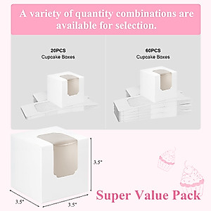 TOXOY 20PCS White Cupcake Containers, 3.5"x3.5"x3.5" Pastry Boxes Cookies Boxes with Window and Inserts for Birthday Party Baby Shower