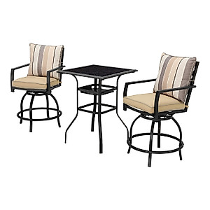 LOKATSE HOME Bar Outdoor Bistro Set Balcony Height Patio Furniture Hightop Stools Counter Swivel Pub Chairs with Glass Top Table, Beige
