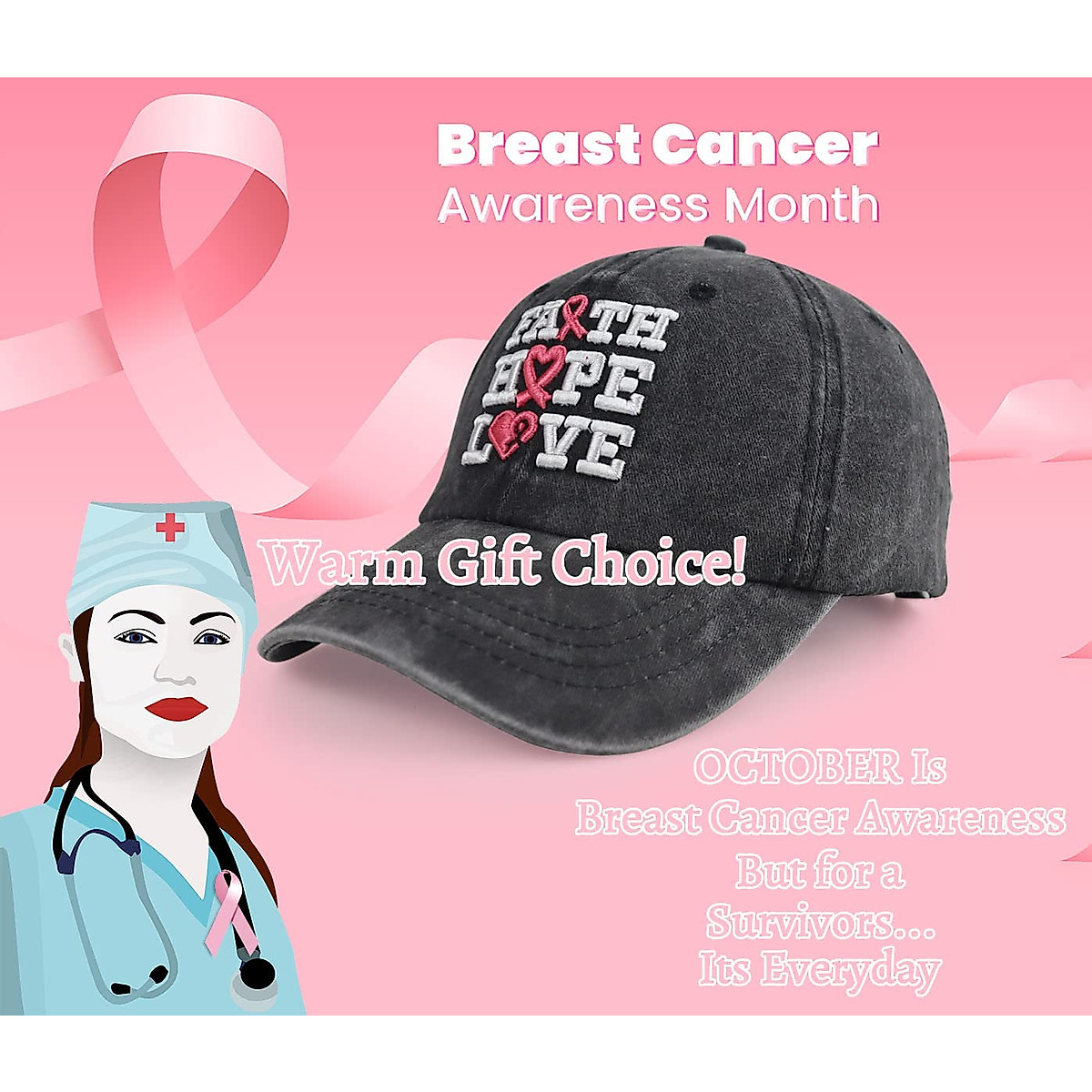 Breast Cancer Gifts for Women, Fight Breast Cancer Awareness Baseball Cap, Pink Ribbon Faith Hope Love Hat, Adjustable Cotton Embroidered Survivor Hats, Gifts for Mom Mother Grandma Friends Patients