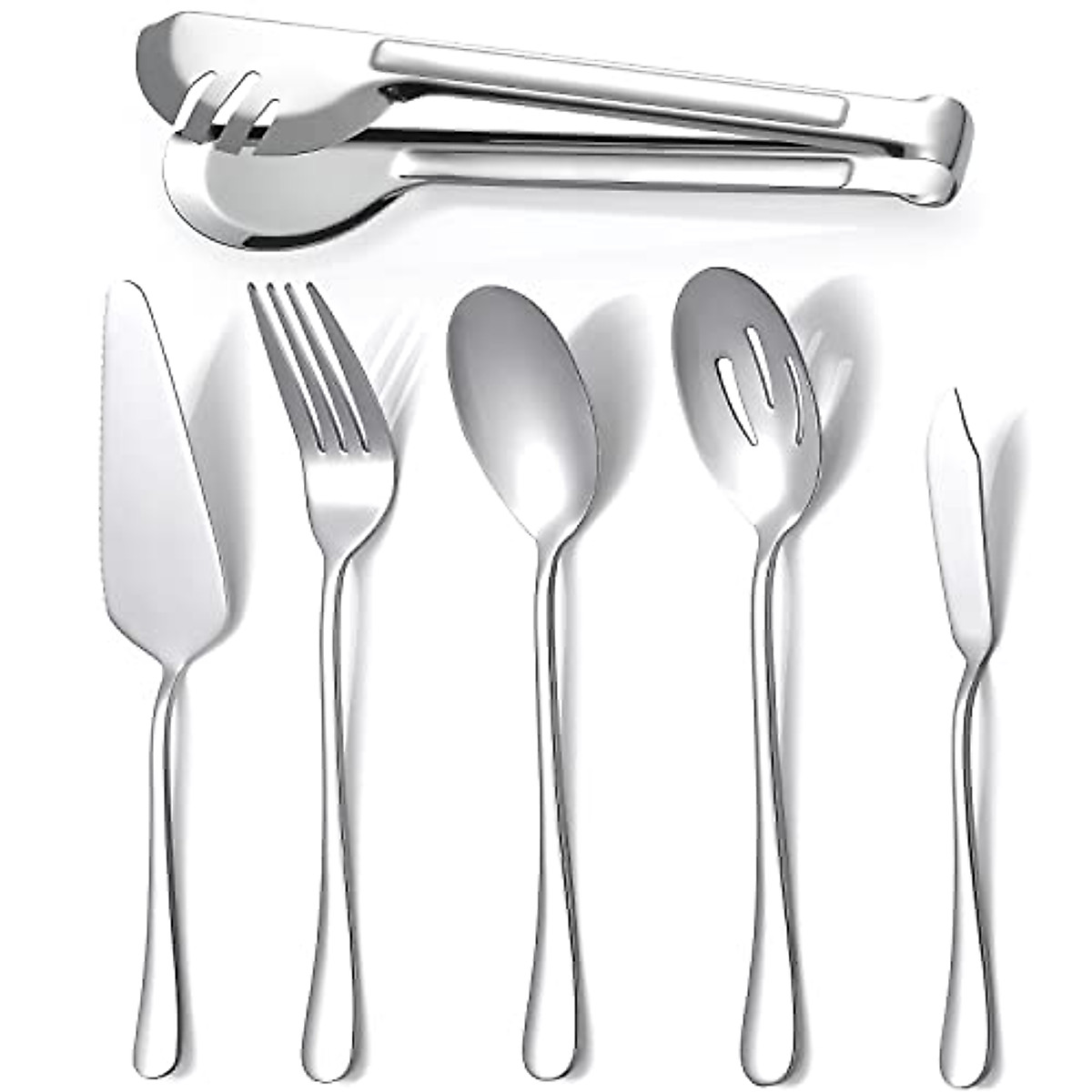Eisinly Serving Utensils, Set of 6 Large Serving Spoons Forks Tongs Butter Knife and Pie Server, Thickened Stainless Steel Buffet Catering Flatware Serving Set for Party Banquet