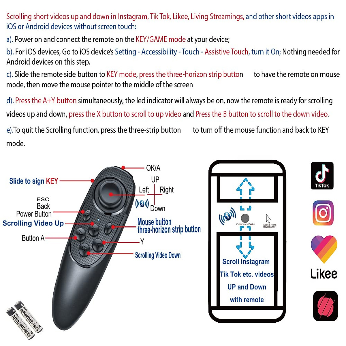 Universal Remote for Scroll TikTok Videos Play icade xinput Game, Control Music Video Playing, flip eBook Anki Page, be a Mouse Pointer & Selfie Shutter for All iOS Android & Windows Devices (WB)