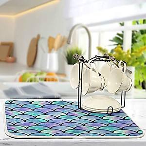 Ocean Mermaid Scales Dish Drying Mat 24"x18" Absorbent Machine Washable Hanging Fast Dry Pad Dish Protective Mat for Kitchen Countertop Heat Resistant Dinner Table Mat