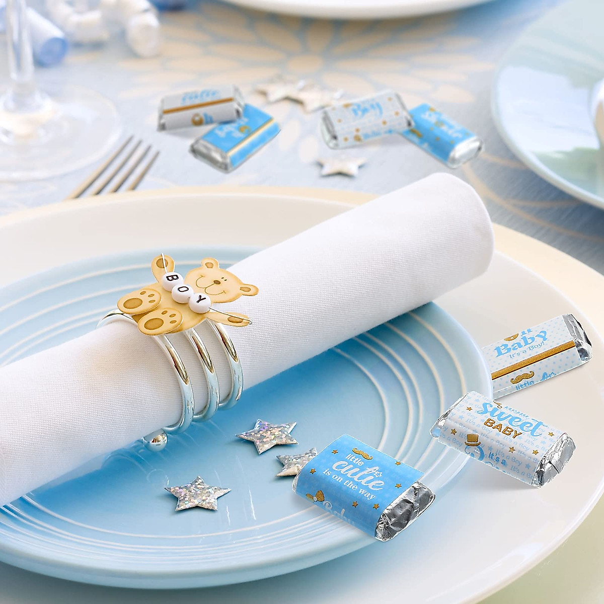 Baby Shower Candy Wrappers, Shower Mini Candy Bar Miniatures Wrappers Chocolate Bar Label Stickers for Boys Girls Kids Baby Shower Decor (No Candy)(Blue Boy Style, 90 Pieces)