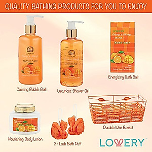 Birthday Gift Basket, Home Spa Gift Basket - Orange & Mango Fragrance - 7pc Bath & Body Set For Women & Men, Contains Shower Gel, Bubble Bath, Body Lotion, Bath Salt, 2 Bath Poufs & Handmade Basket