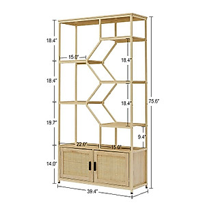 Bohemian Style Rattan Bookshelf, 5-Tier Open Display Shelves with Storage Cabinet, Eco-Friendly Particleboard Bookcase, Versatile Storage Rack for Living Room, Home Office, Natural Tones