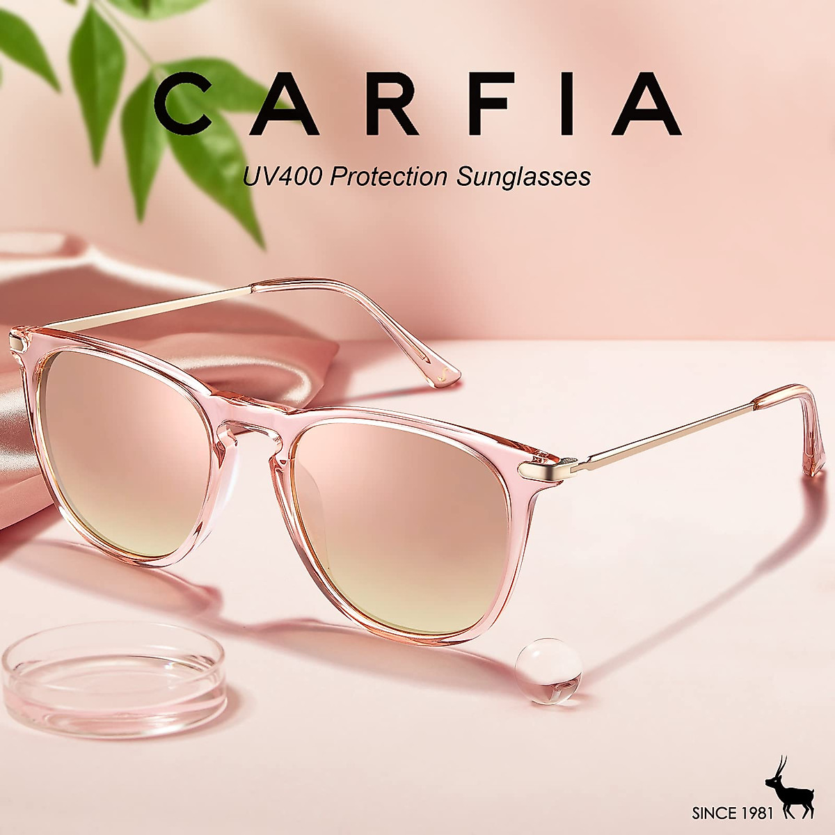 CARFIA Pink Mirrored Lightweight Polarized Sunglasses for Women UV Protection, Retro Square Ladies Sunnies Driving Eyewears