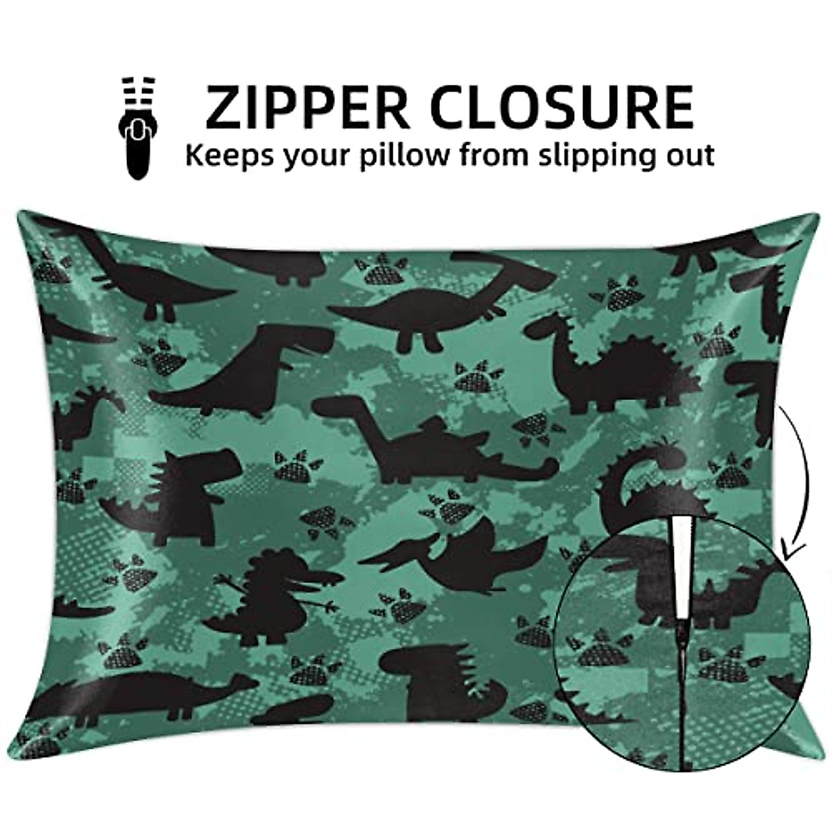 Silk Satin Pillowcase Standard Size for Hair and Skin, Teal Camo Cute Animal Dinosaur Cooling Pillow Case with Hidden Zipper Soft Breathable Pillow Cover Gifts for Women Men, 20x26in