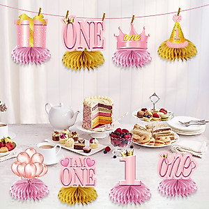 8Pcs 1st Birthday Decorations Honeycomb Centerpieces for Baby Girls, Pink Rose Gold I Am One Happy First Birthday Table Centerpieces Party Supplies, One Year Old Bday Table Toppers Decor