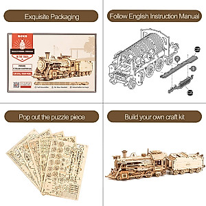 ROKR 3D Wooden Puzzle for Adults-Mechanical Train Model Kits-Brain Teaser Puzzles-Vehicle Building Kits-Unique Gift for Kids on Birthday/Christmas Day(1:80 Scale)(MC501-Prime Steam Express)