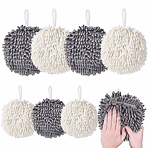 Yigood 8 Pack Chenille Hanging Hand Towel Ball with Hanging Loop Plush Quick-Drying Towel Soft High Absorbent Hand Towel for Kitchen Washstand or Powder Room(4Gray +4White)