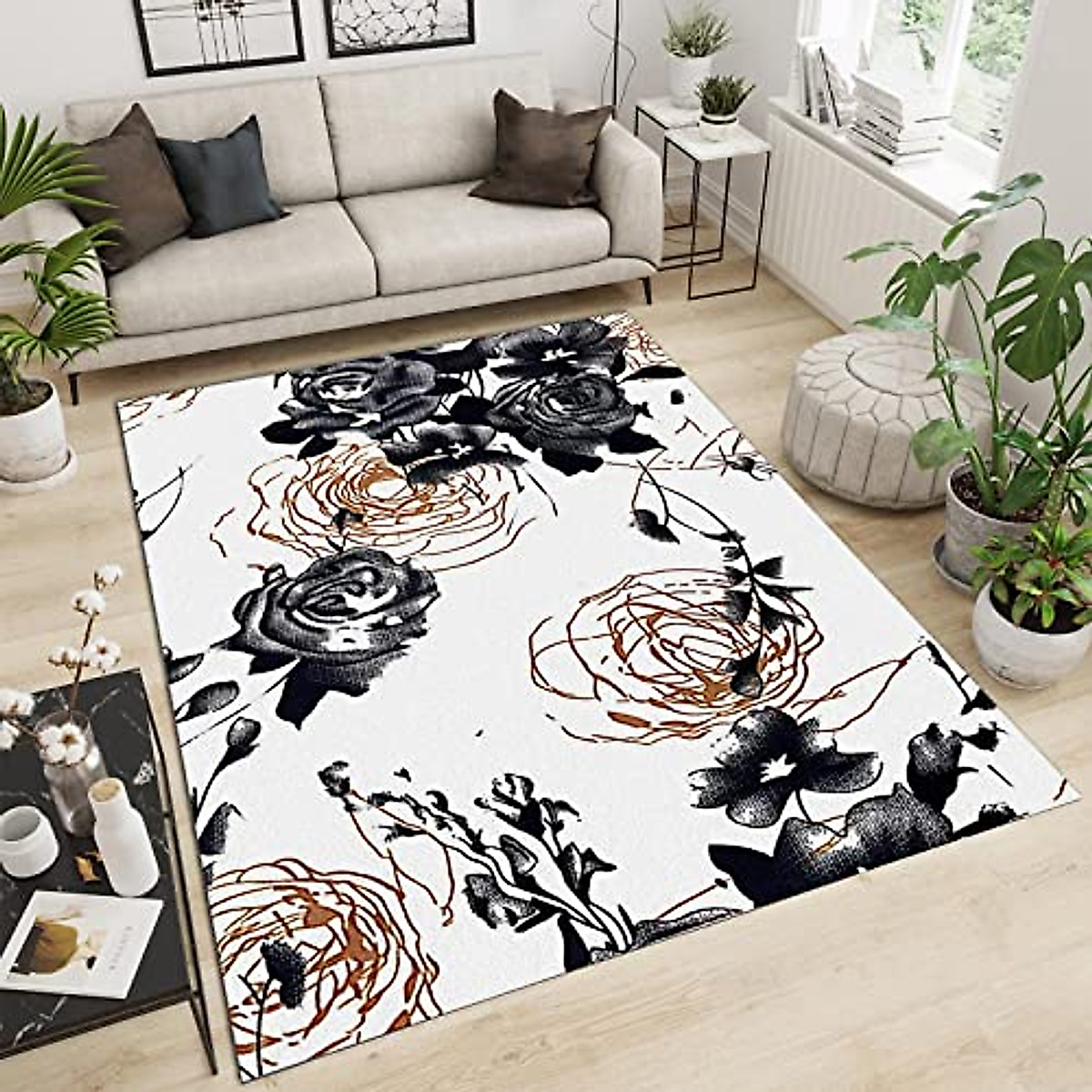 Black Metallic Rose Area Rug, Modern Minimalist Romance Indoor Non-Slip Kids Rugs, with Anti-Slip Easy Clean Carpet for Living Room Bedroom Kitchen Dining Room Home Office Floor Rug,5 x 7ft