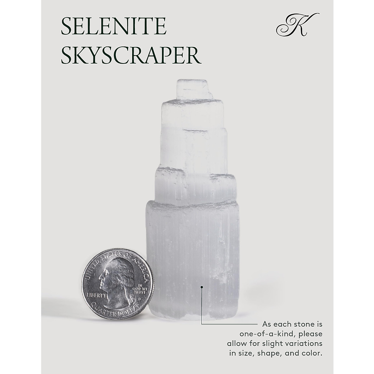 KALIFANO Selenite Skyscraper with Healing & Calming Effects - High Energy Selenita/Satin Spar Tower Used for Cleansing and Protection (Information Card Included)