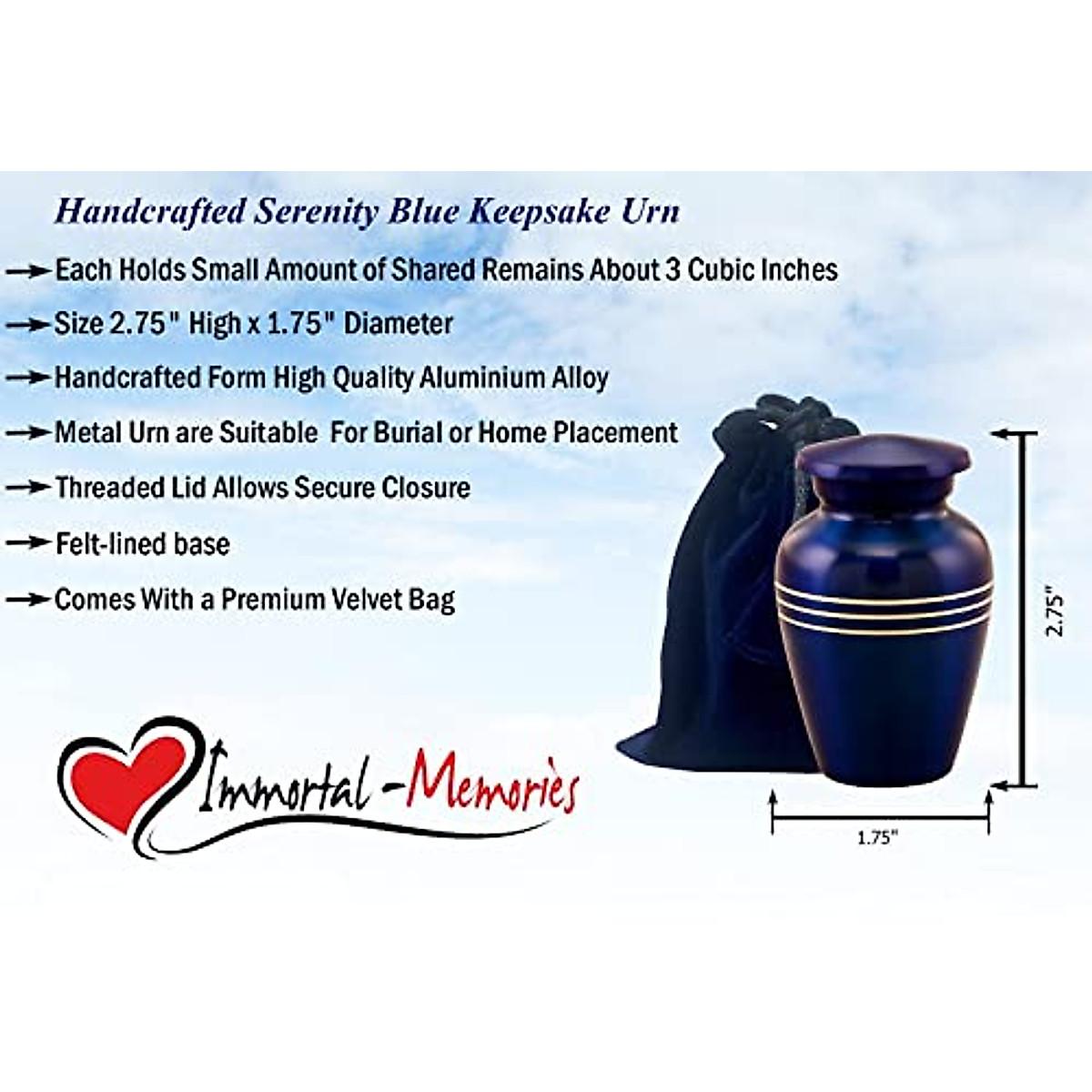 Immortal-Memories Serenity Keepsake Urn for Ashes - Miniature Urns - Mini Jar - Pet Urn -Token Urn with Velvet Bag (Cobalt Blue)