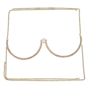 Women Rhinestone Chest Bracket Flower Pendant Bikini Crystal Chest Bracket Chain Rhinestone Underwear Body Chain Jewelry (Gold)