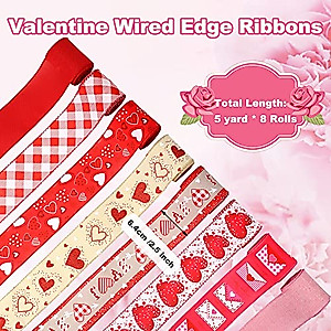 8 Rolls Heart Burlap Ribbon 2.5" Valentine's Day Ribbon Red Pink Buffalo Plaid Wired Edge Heart Love Ribbon for Gift Wrapping Wedding Anniversary Home Decor Floral Bows Wreath Craft and DIY, 40 Yards