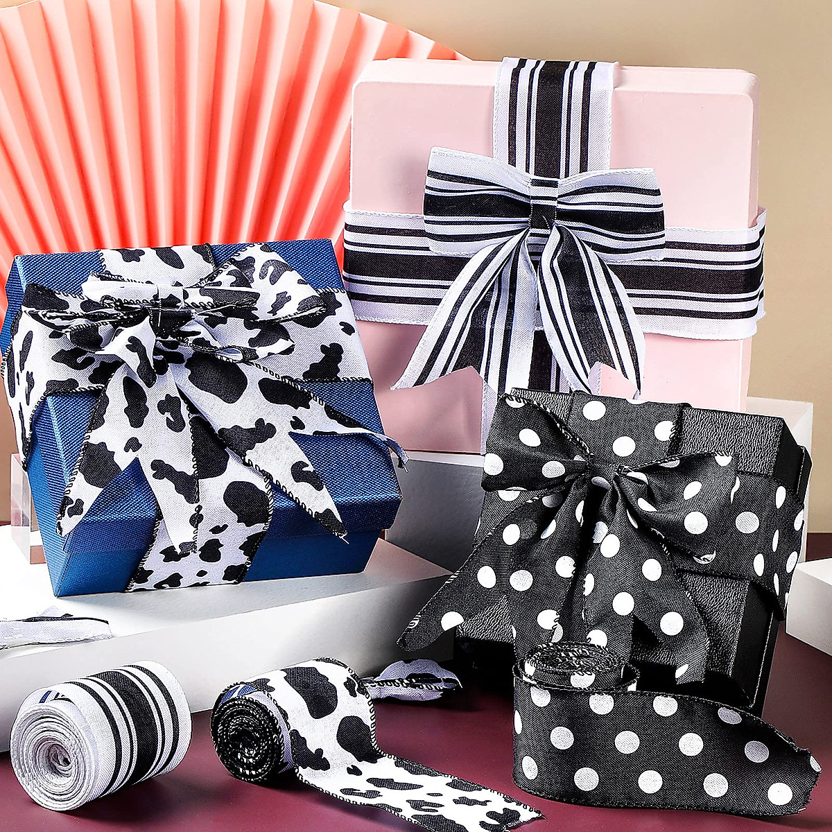 3 Rolls 18 Yards Cow Print Wired Ribbon 2.5 Inch White Black Craft Ribbon Cowhide Burlap Gift Wrapping Ribbon Cowhide Striped for Cow Theme Party Decor DIY Bow Supplies