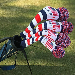 Craftsman Golf US Flag Knit Pom Pom White Blue Red Driver,Fairway Wood, Hybrid Head Cover Headcover for Callaway Mizuno Cobra Taylormade (3pcs (#1,3,5))