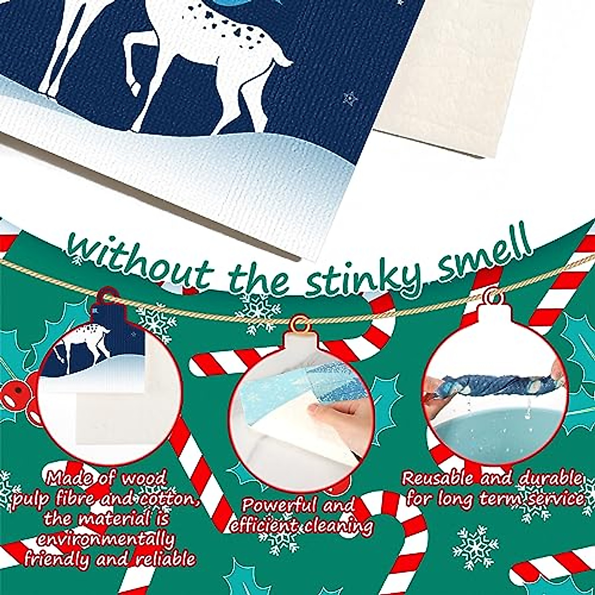 6 Pcs Christmas Swedish Kitchen Dishcloths White Blue Xmas Tree Snowflake Snowman Reindeer Dish Towel Reusable Fast Dry Kitchen Dishcloth for Christmas Winter Baking Cooking, 6.9 x 7.5 Inch