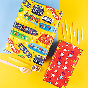 MAYPLUSS Reversible Birthday Wrapping Paper Roll - Mini Roll - 17 Inch X 32.8 Feet(47.3 sq.ft) - Happy Birthday Lettering,Colorful Star Design for Party,Wedding