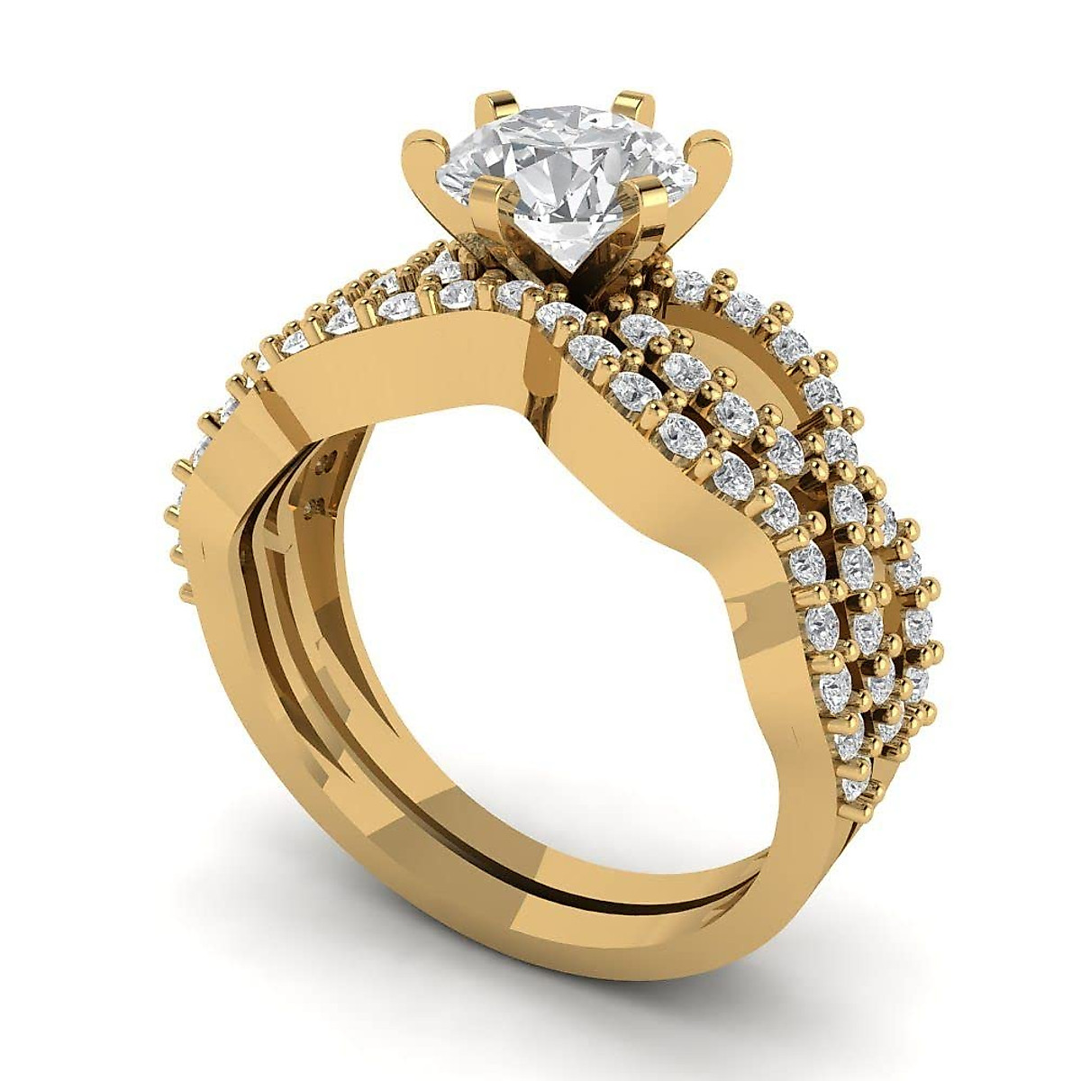 Clara Pucci - 1.52 Carat Round Cut Clear Simulated Diamond 14k Yellow Gold Solitaire W/Accents Wedding Engagement Bridal Ring Band Set Size - 3.5