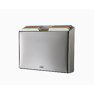 Joseph Joseph Index Plastic Cutting Board Set with Stainless Steel Storage Case Color-Coded Dishwasher-Safe Non-Slip, Large, Steel Multicolored