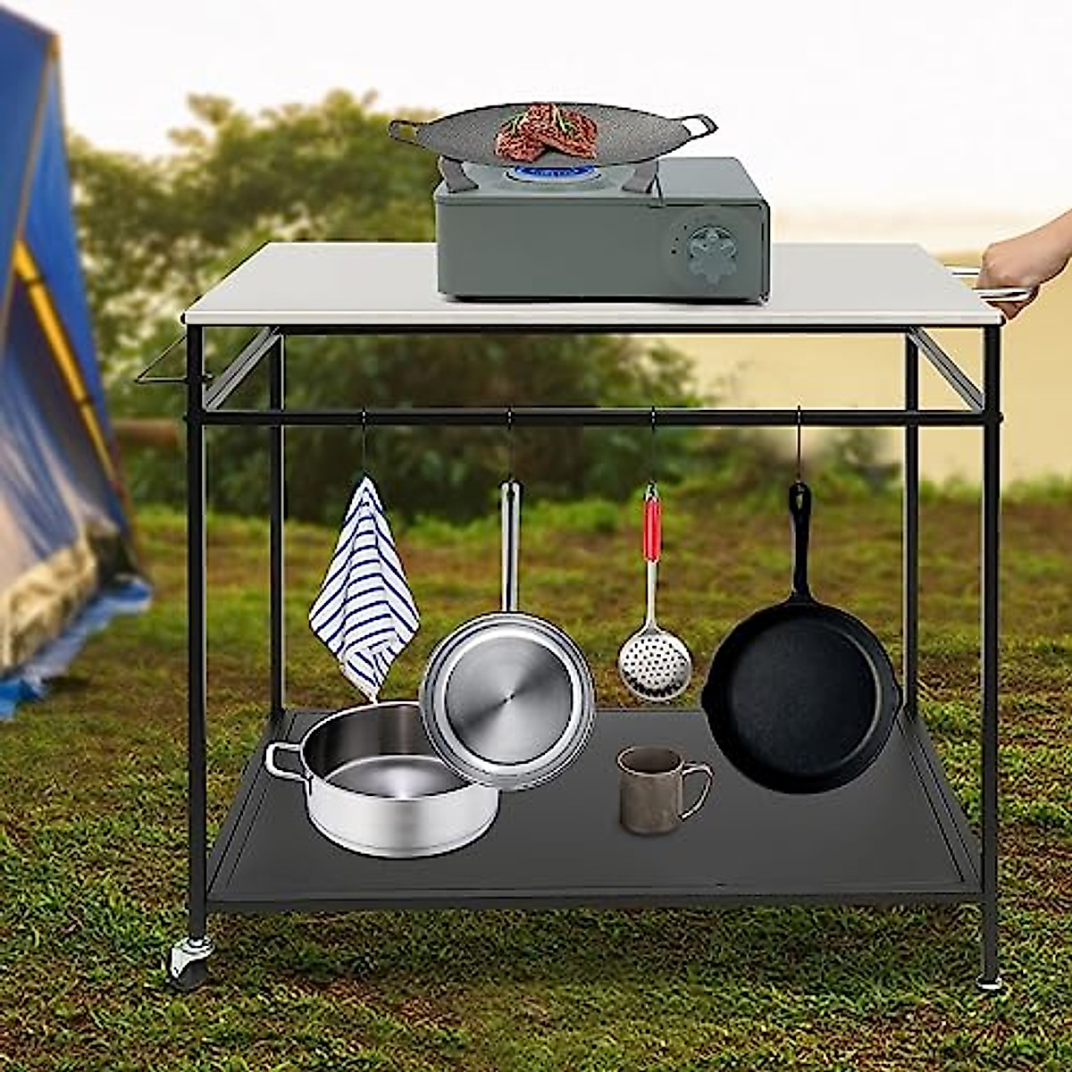 CNCEST Outdoor Grill Cart, Double-Shelf Movable Cooking Table, Outdoor Dining Cart with Storage and on Wheels, Stainless Steel Tray Kitchen BBQ Food Prep Table for Grill,Dining Cart Table-Silvery