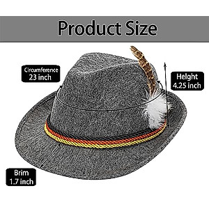 NociHah Men German-Oktoberfest-Alpine-Fedora-Hat - Women Bavarian Swiss Traditional Felt Costume Hat with Feather for Oktoberfest Party(S-M)