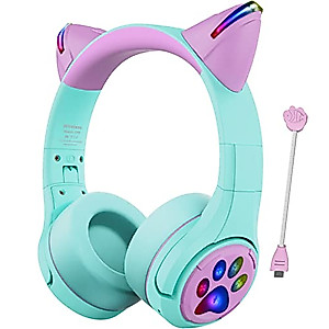 Riwbox CF9 Cat Ear Kids Bluetooth Headphones with LED Light Up,Safe 85dB Volume Limit,Built-in Mic&Boom Mic for Calls,Kids Wireless&Wired Headphones for Girls/Toddler/Online Learning/School (Green)