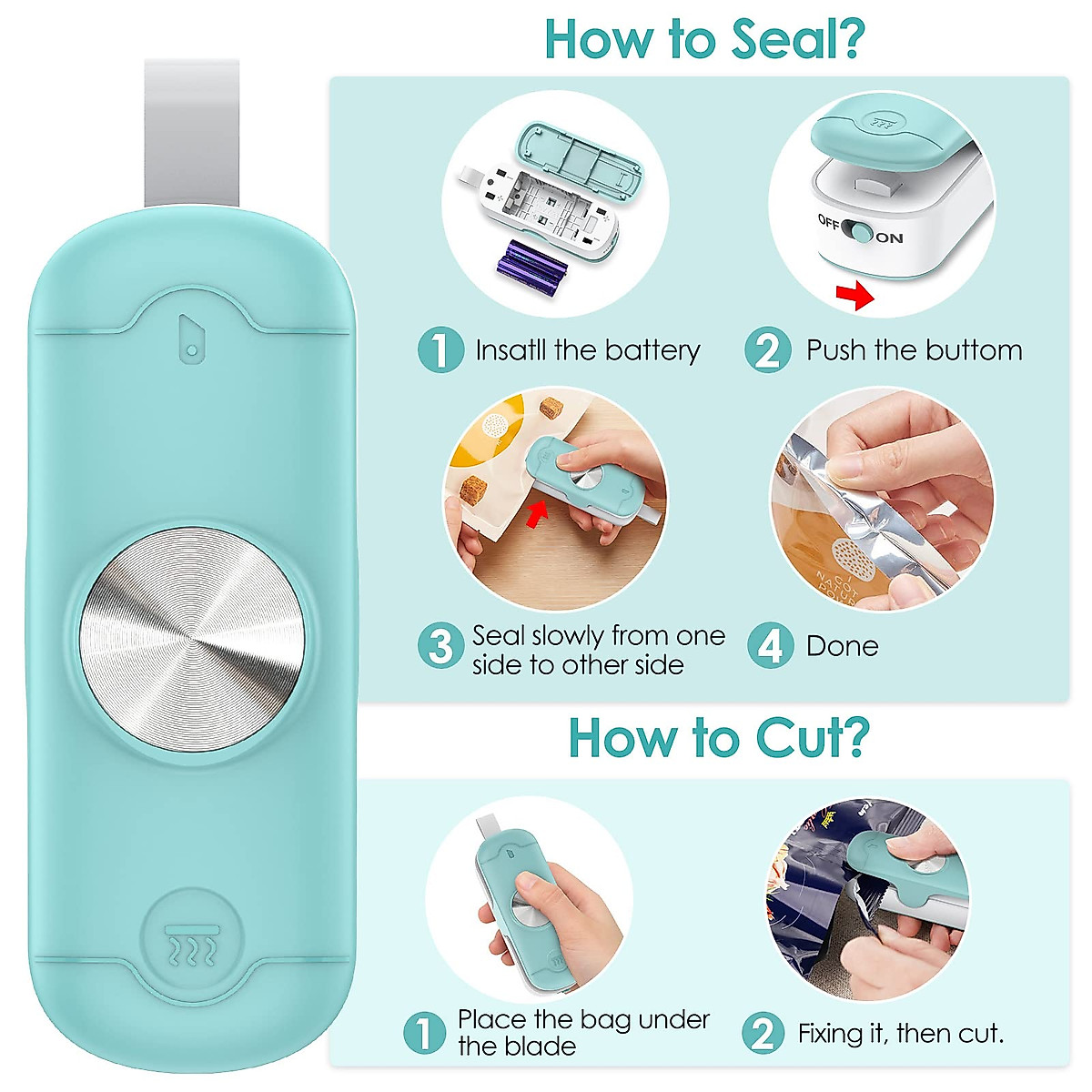 OGERY Bag Sealer, 2 in 1 Mini Heat Sealer with Cutter, Portable Food Sealer Mini Sealing Machine Kitchen Gadget For Chip Bags Plastic Bags Food Storage (Battery Included)