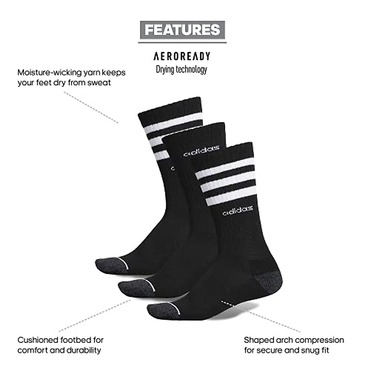 adidas Men's 3-Stripe Crew Socks (3-Pair), Black/White/Onix Grey, Large