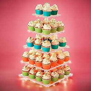 Utopia Home - Acrylic Cupcake Stand with LED Light Strings - 3 Tier Premium Cupcake Tower - Cup Cake Tier Stand for Dessert Table - Ideal for Weddings Birthday Parties - Pack of 1 - Red