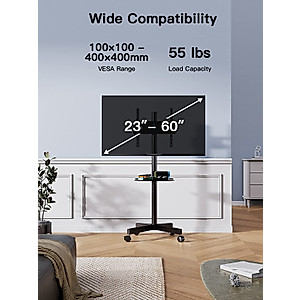 Mobile TV Cart with Wheels for 23 to 60 inch LCD LED 4K Flat Curved Screen TVs, Height Adjustable Shelf Trolley Floor Stand Holds up to 55lbs, Monitor Holder Tray Max VESA 400x400mm PSTVMC04W White