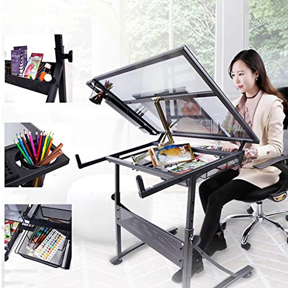 VejiA Drafting Table with Storage, Height Adjustable Tiltable Art Desk, Glass Panel Drawing Desk, for Work Study Painting Craft Table