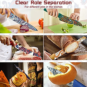 Astercook Knife Set, Paisley Pattern Kitchen Knife Set with Cover, Dishwasher Safe Colorful Knives with 6 Knife Sheath, German Stainless Steel Rainbow Knife Set