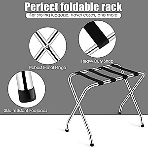 Byroce Foldable Rack, Chromed Suitcase Nylon Belts, No Assembly Required for Home Bedroom Guest Room Hotel, Durable Folding Bag, Commercial Luggage Stand Holder for Easy S, Silver, Black