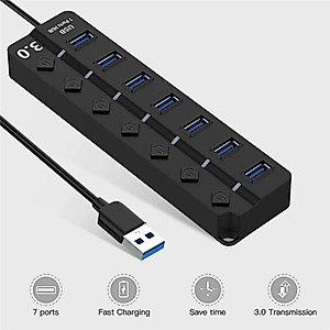 USB 3.0 HUB Splitter 7 Ports with On/Off Switches High Speed 5Gbps Micro Multiple USB Port Expander for PC Computer