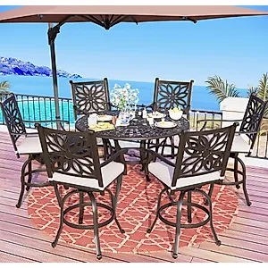MFSTUDIO Cast Aluminum Bar Height Patio Dining Set of 7, Aluminum 54" Round Bar Height Table with Umbrella Hole and 6 Pieces Bar Height Swivel Stool, Brown