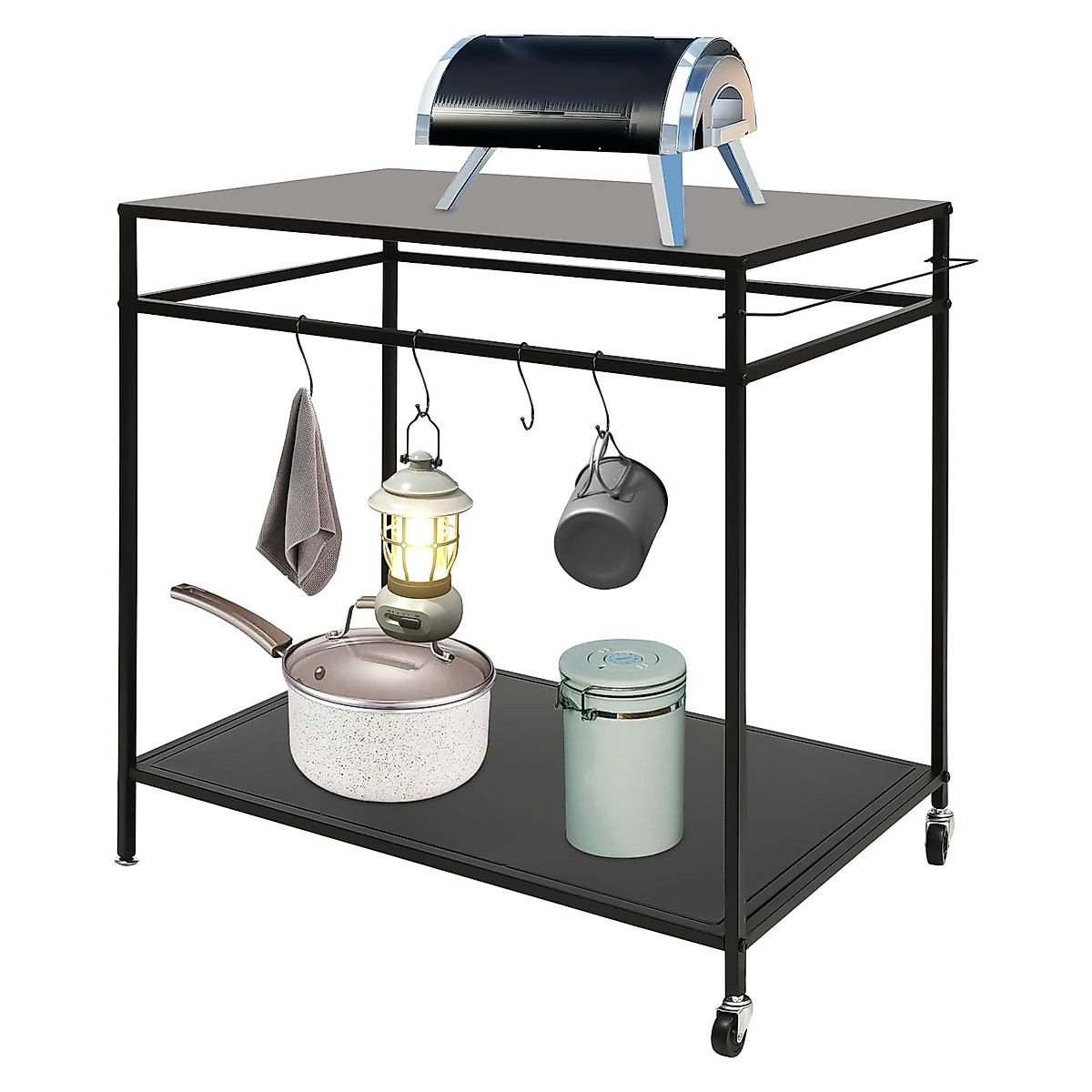 MELONGKAYLON Dining Cart Table, 304 Stainless Outdoor Grill Cart Double-Shelf, Movable Cooking Table, Outdoor Dining Cart with Storage and Spice Rack, for Kitchen or Backyard Patio Indoor (Black)