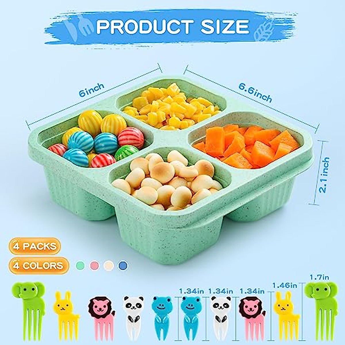 mzvcopm 4 Pack Snack Containers,Divided Bento Lunch Box with Transparent Lids, Reusable Meal Prep Lunch Containers for Kids and Adults,No BPA, 4 Compartment Food Storage Containers