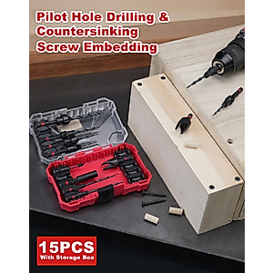 EZARC Countersink Drill Bit Set, 15 PCS Tapered Drill Bits Counter Sink Drill Bit with 2PCS Wood Plug Cutter 1/4" Hex Shank Quick Change for Woodworking with Storage Box