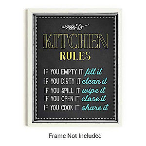‘Kitchen Rules’ Chalkboard Kitchen Wall Art Print - 11x14 UNFRAMED with Teal Blue, Yellow & White on Black Perfect for Rustic, Vintage, Modern Farm, Cottage, Country and Retro Decor.