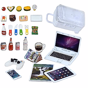 27 Pieces Dollhouse Mini Laptop Tablet and Smart Phone Newspaper Book Miniatures Hamburger Cake Coffee Juice Trolley case DIY Play Game Party Toys Accessories (White Set)