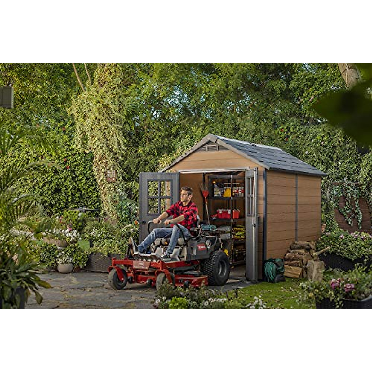 Keter Newton 7.5x9 Large Resin Outdoor Storage Shed Kit – Perfect to Store Patio Furniture, Garden Tools, Bike Accessories, and Lawn Mower, Mahogany Brown