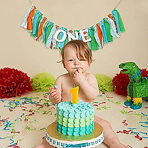 High Chair Banner for 1st Birthday - Highchair Banner for First Birthday Theme Decoration, Cake Smash Photo Prop, Fabric Rag Garland Banner,Guppies, Green, Orange, Rag Tie