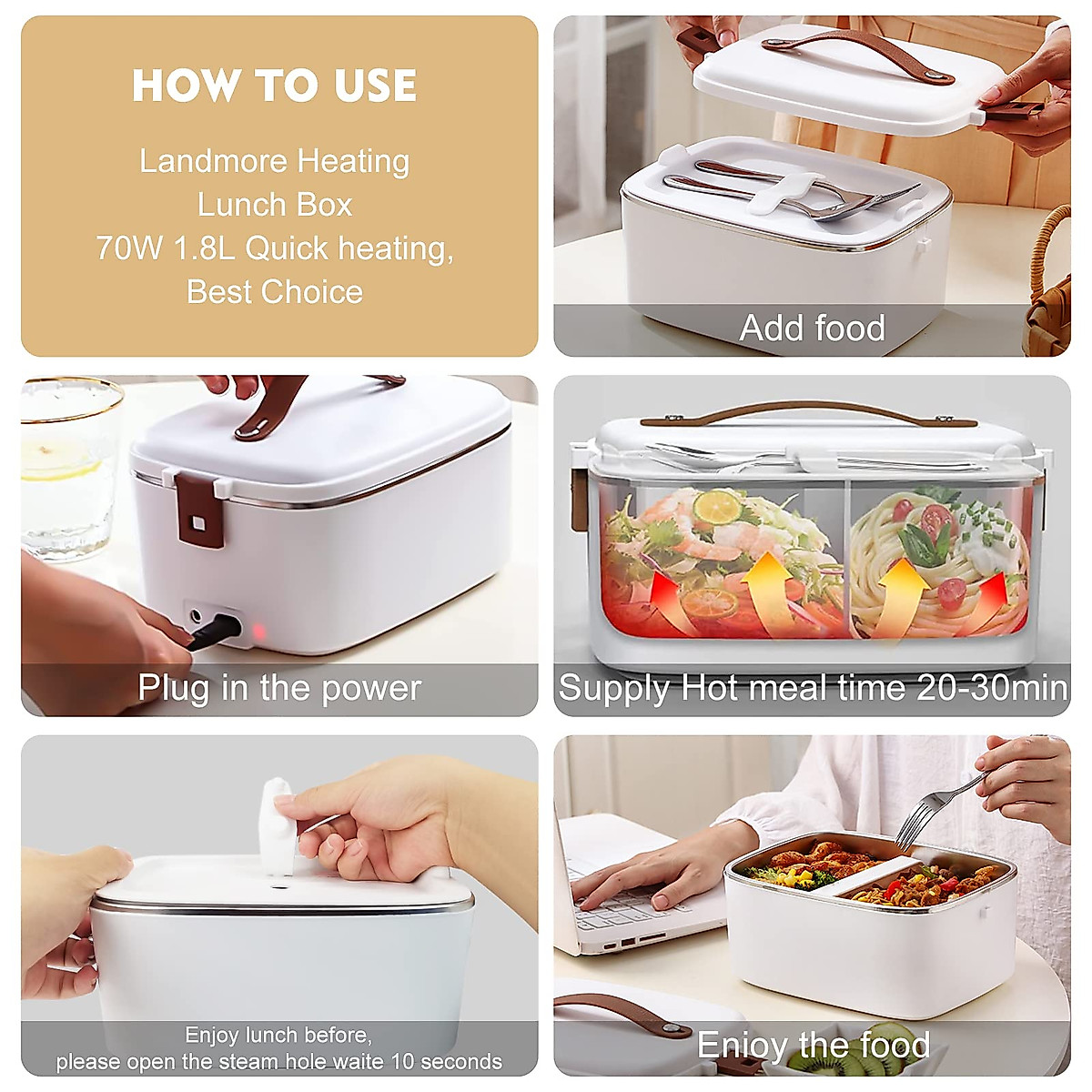 Landmore Electric Lunch Box Food Heater, 70W Food Heated 110V & 12V Portable Food Warmer Heater for Truck/Car/Home Self Heating Box with 1.8L 304 Stainless Steel Container and Lunch Bag