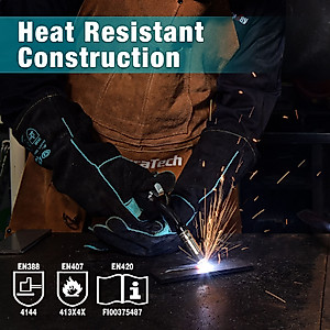 DURATECH Welding Gloves, 14″Fireplace Gloves with Kevlar Stitching, 662℉ Heat/Fire Resistant Cow Leather Gloves for Mig,Tig,Stick,Forge,BBQ,Grill, Fireplace,Wood Stove, Furnace,Pot,Oven