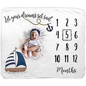 Baby Monthly Milestone Blanket | includes Felt Frame and Baby Sailor Hat | 1 to 12 Months | Premium Extra Soft Fleece | Best Photography Backdrop Prop for Newborn Boy & Girl (Sailor Blanket)