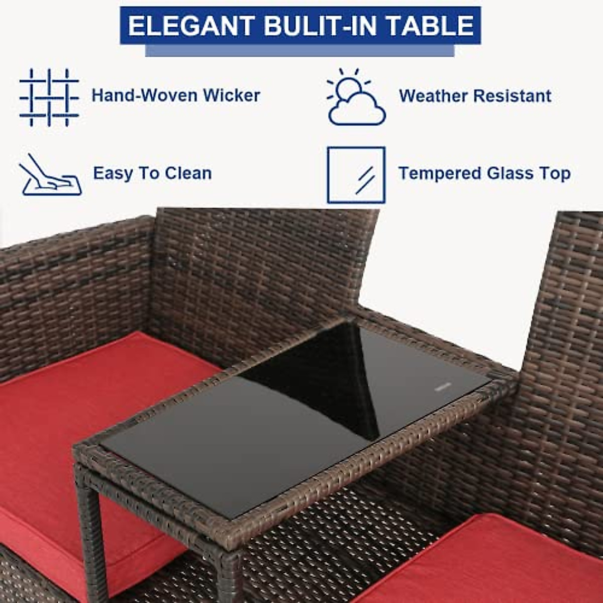 BPTD Outdoor Patio Loveseat Patio Furniture Set Rattan Patio Bistro Set Wicker Conversation Furniture Sets with Cushios and Built-in Coffee Table for Balcony, Lawn, Backyard (Brown/Red)