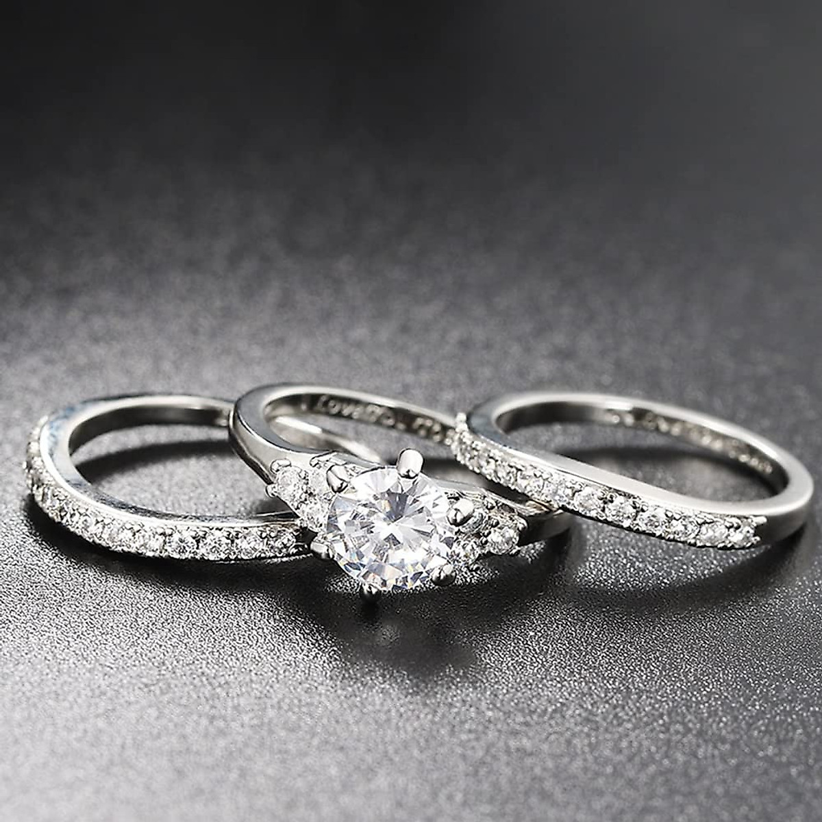 Jude Jewelers Platinum Plated Three-in-One Wedding Engagement Statement Proposal Valentines Halo Bridal Ring Set (Silver, 7)