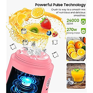MoKo Portable Blender, 270 Watt Personal Blender for Shakes and Smoothies,21OZ Personal Blender USB Rechargeable with 6 Blades, BRA Free, Smoothie Blender for Kitchen Sports Travel and Outdoors, Pink